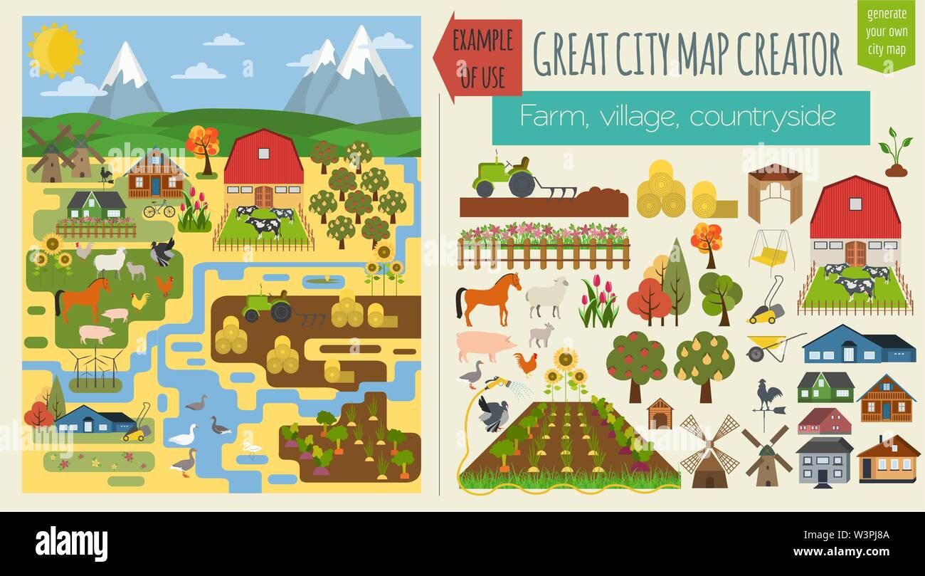 Great city map creator.Seamless pattern map. Village, farm, countryside ...