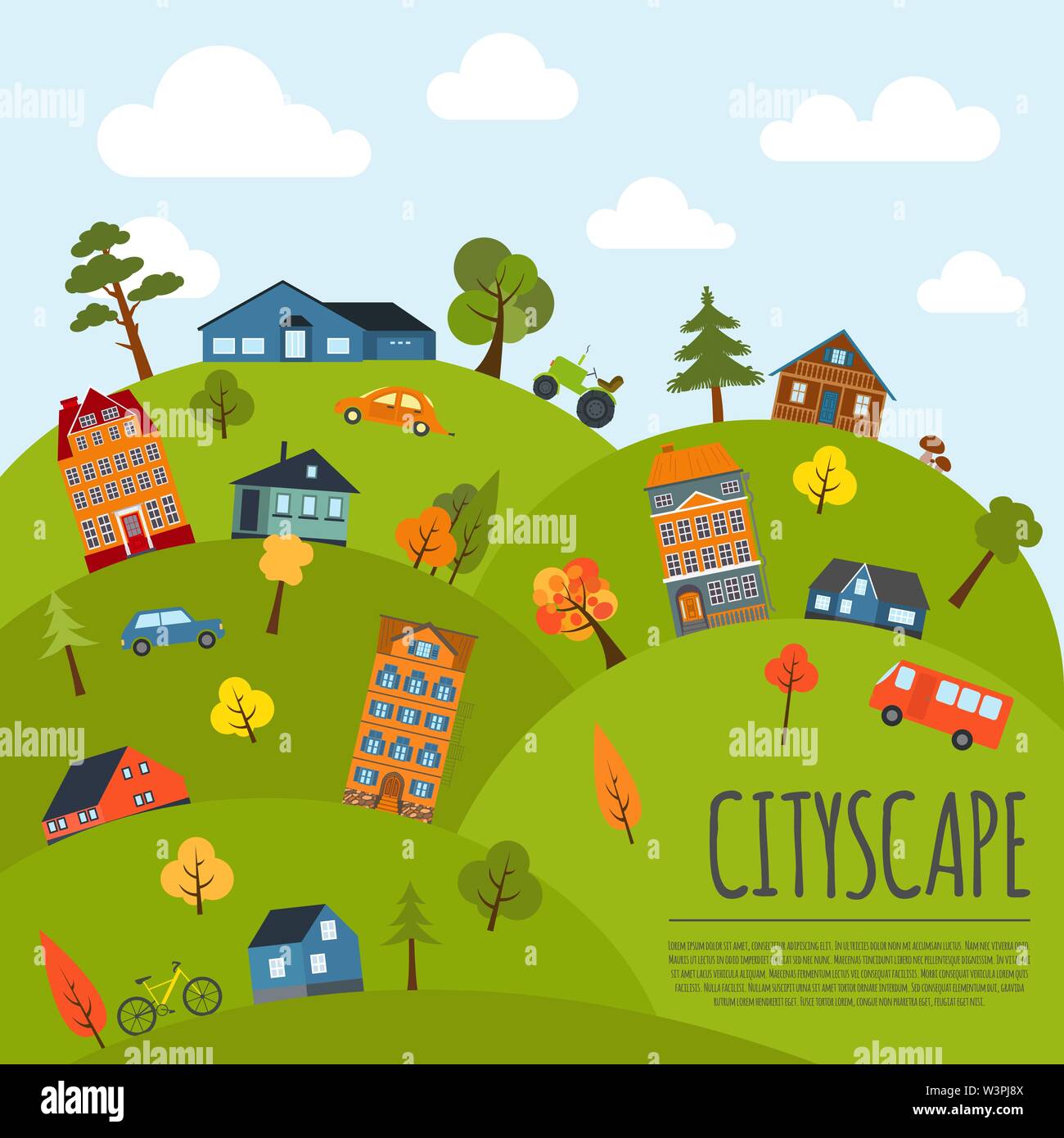 Cityscape conceptual graphic template. Urban, countryside, industrial ...