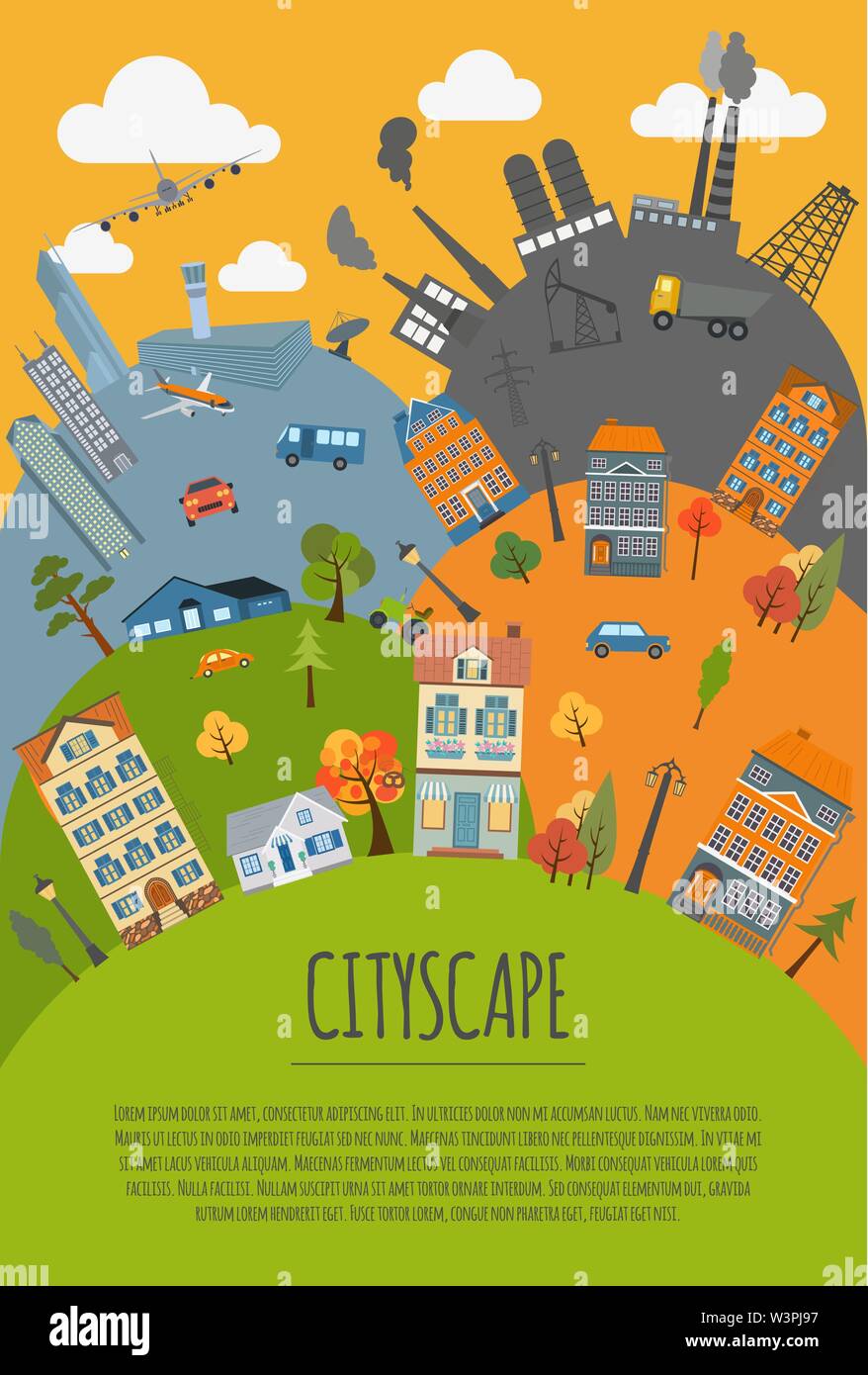 Cityscape conceptual graphic template. Urban, countryside, industrial ...