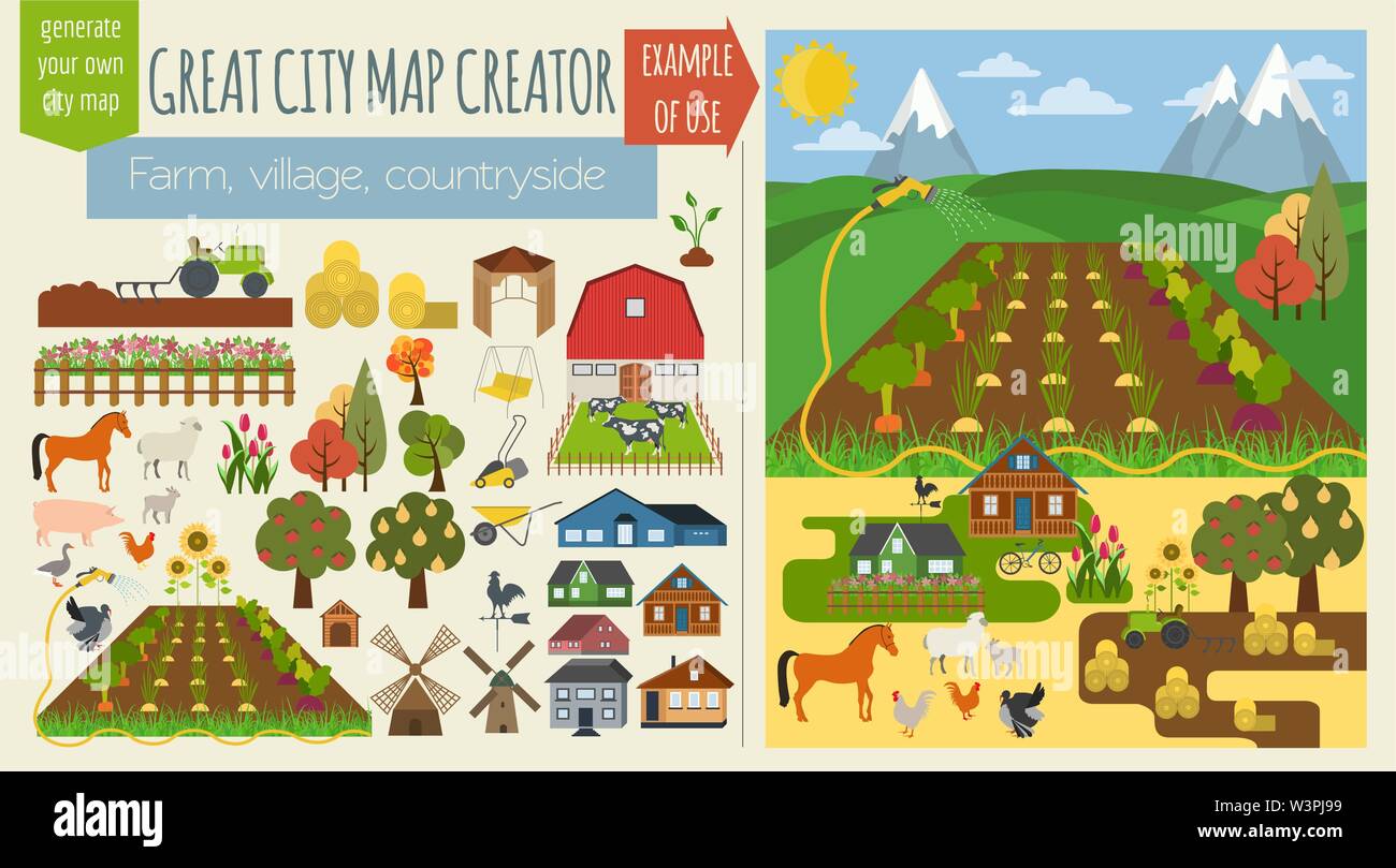 Great city map creator.Seamless pattern map. Village, farm, countryside ...