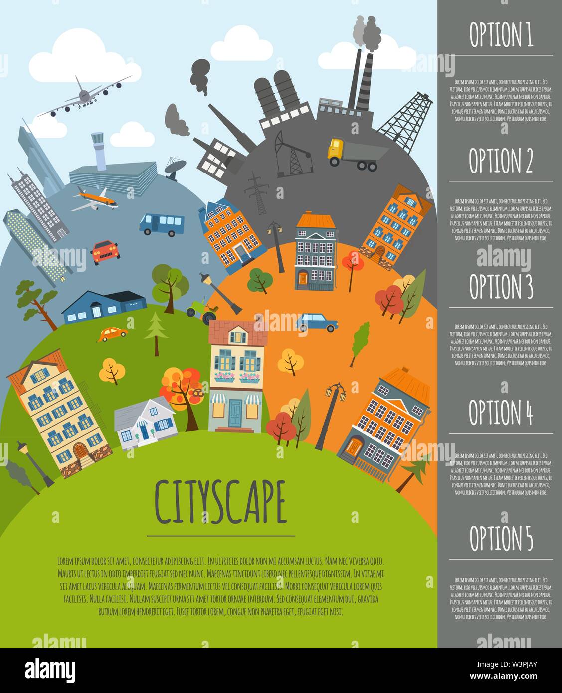 Cityscape conceptual graphic template. Urban, countryside, industrial ...