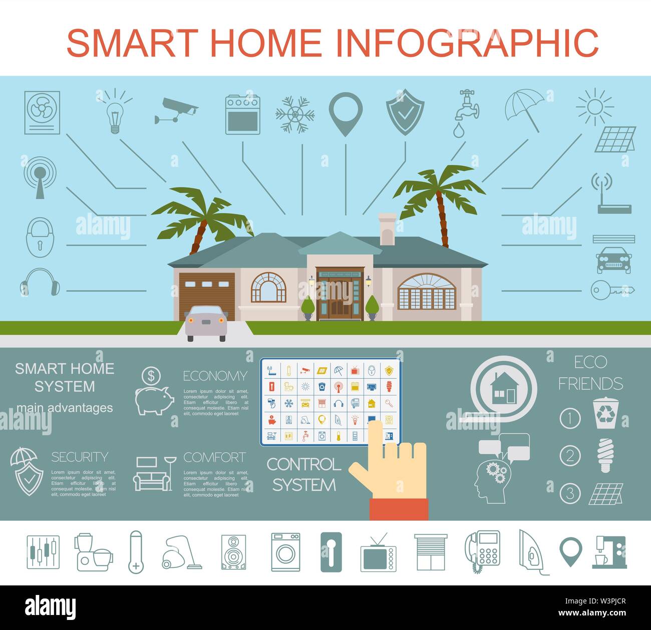 Eco friendly smart house concept. Infographic template. Flat style ...
