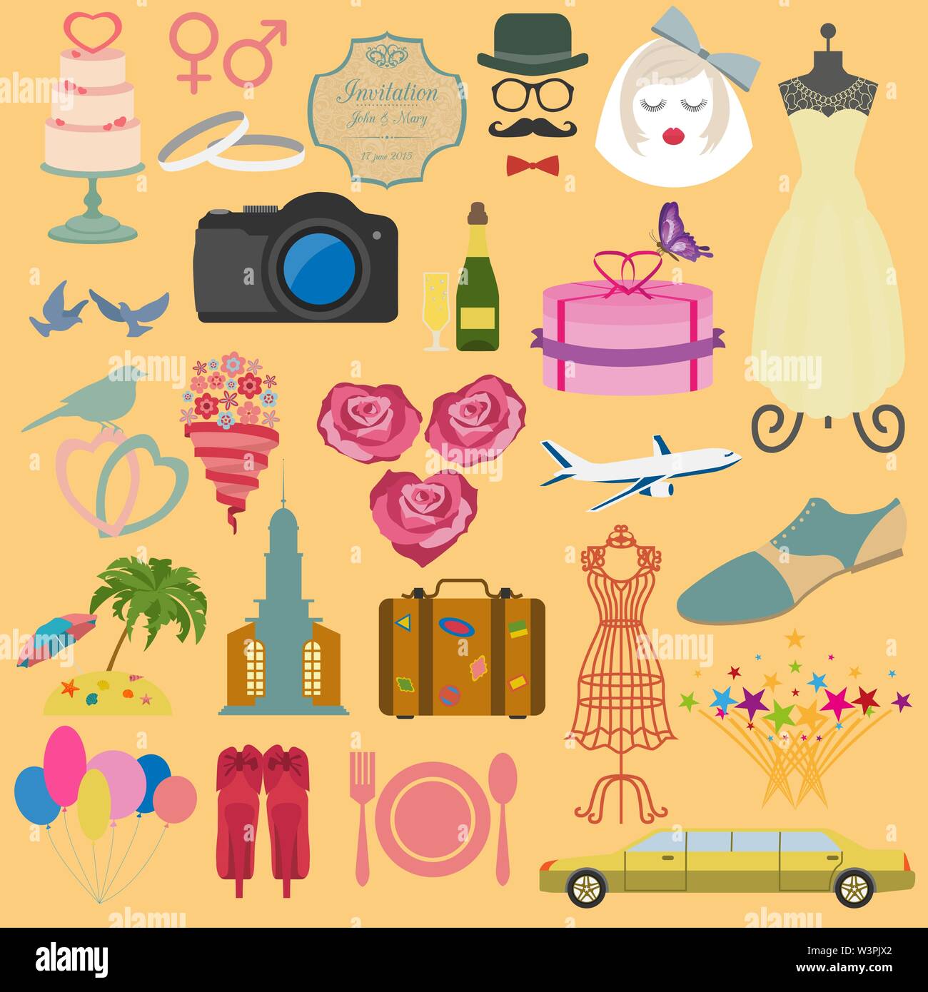 Set of vintage wedding, fashion style and travel elements icons. Vector ...