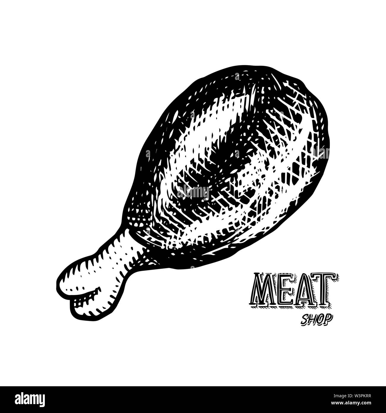 Grilled meat, bbq chicken leg. Barbecue food in vintage style ...