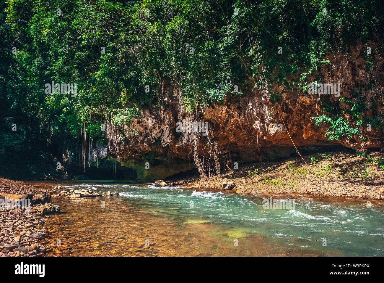 View on the river flowing in to the big rock cave covered in green ivy ...