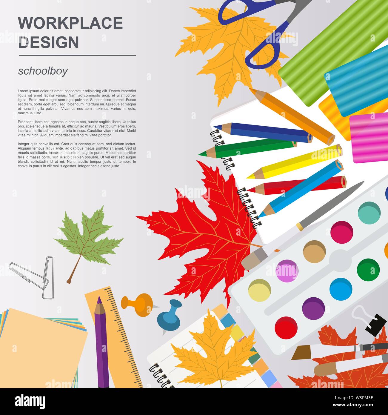 Education graphic template. Schoolboy workplace mock up for creating ...
