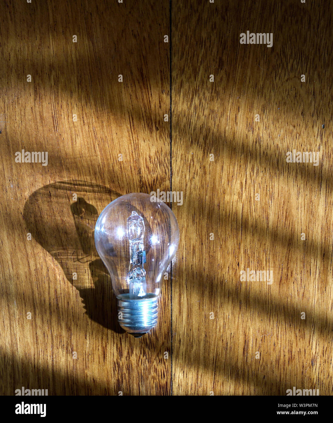 Light bulb and its shadow on wood background. New idea or creativity ...