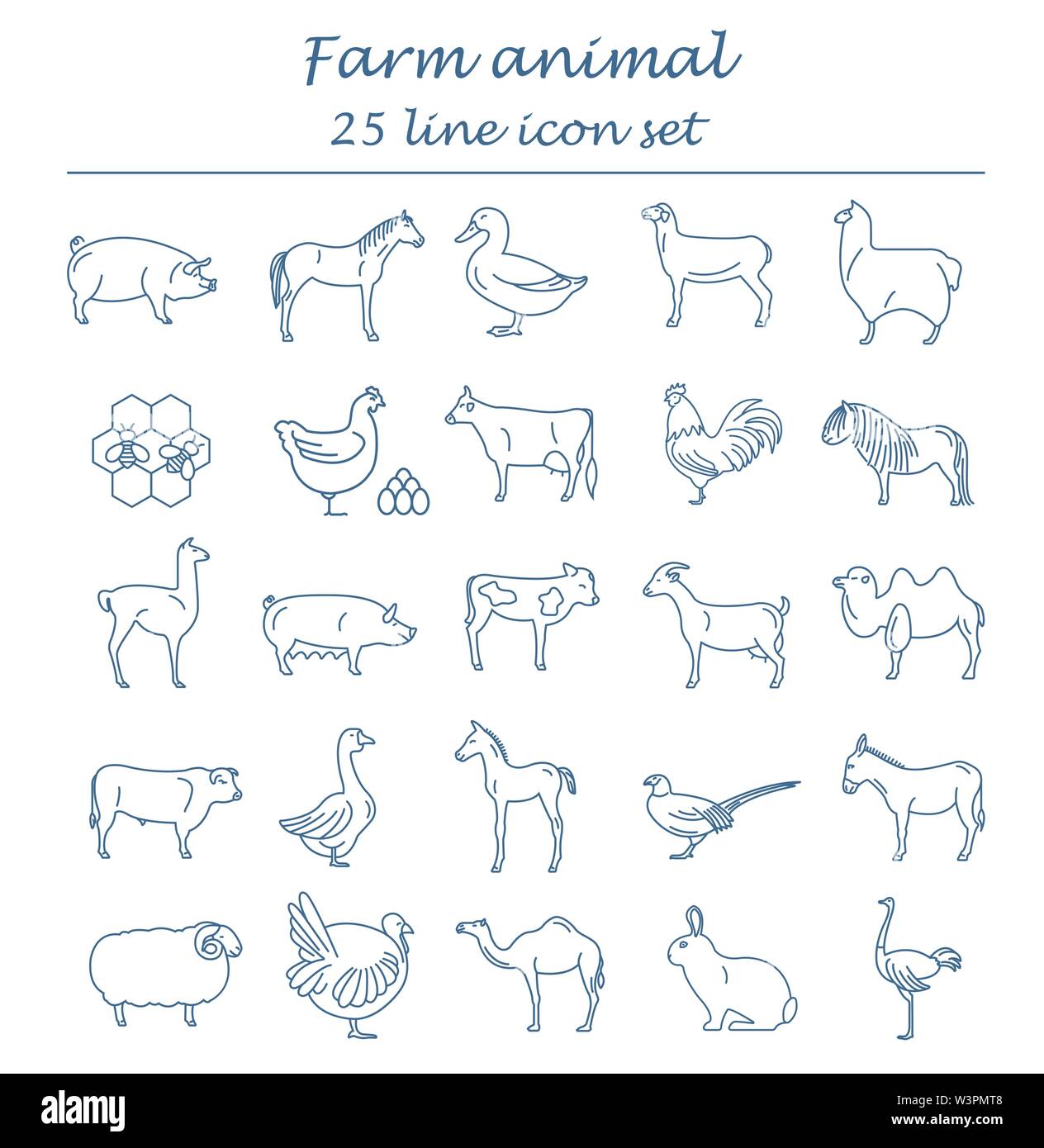 Farm animal thin line collection. 25 icon set. Flat design. Vector ...