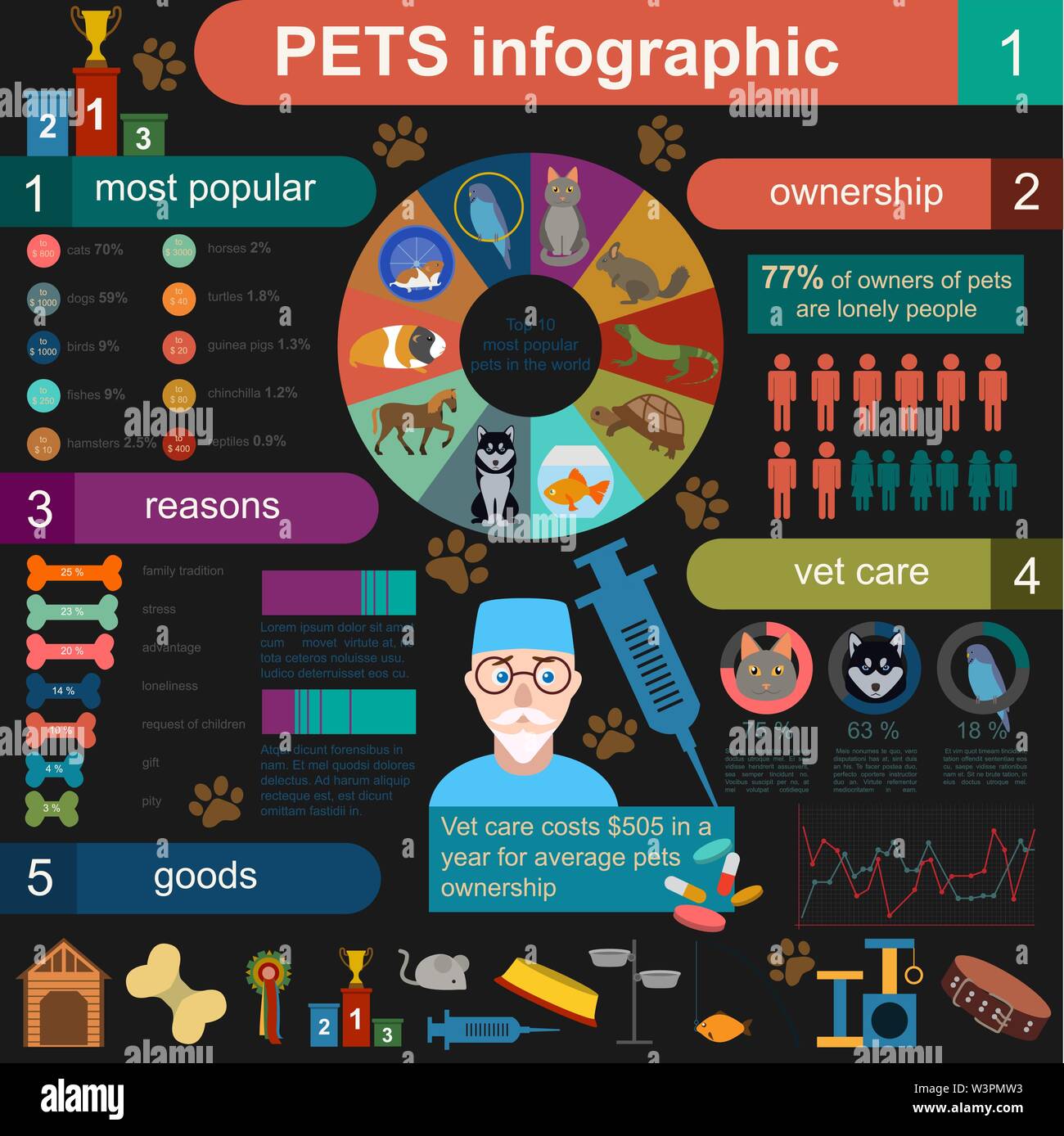 Domestic pets infographic elements, helthcare, vet. Vector illustration ...