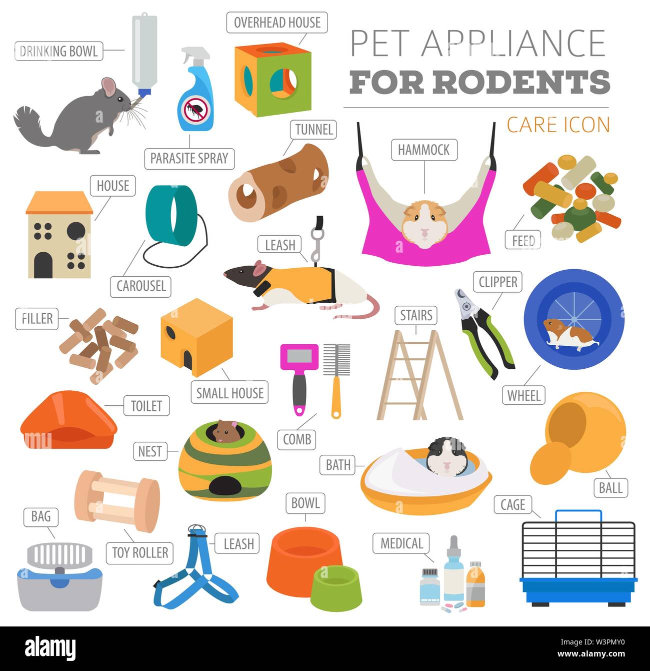 Pet appliance icon set flat style isolated on white. Rodents care ...