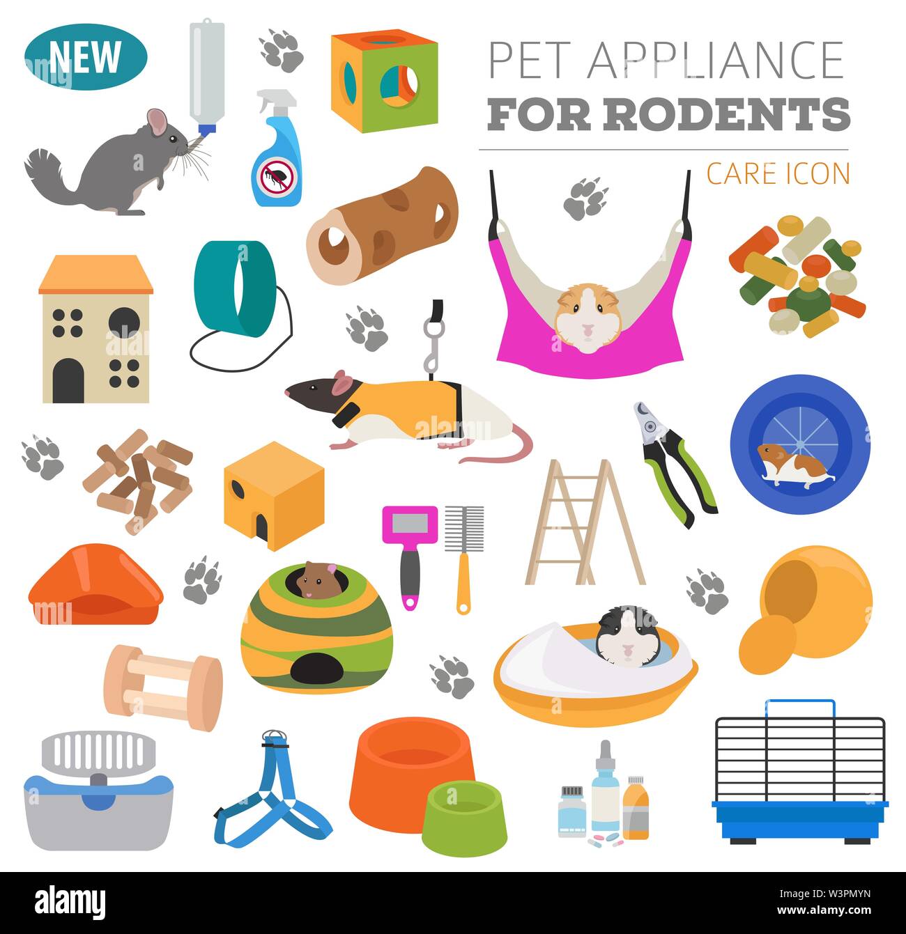 Pet appliance icon set flat style isolated on white. Rodents care ...