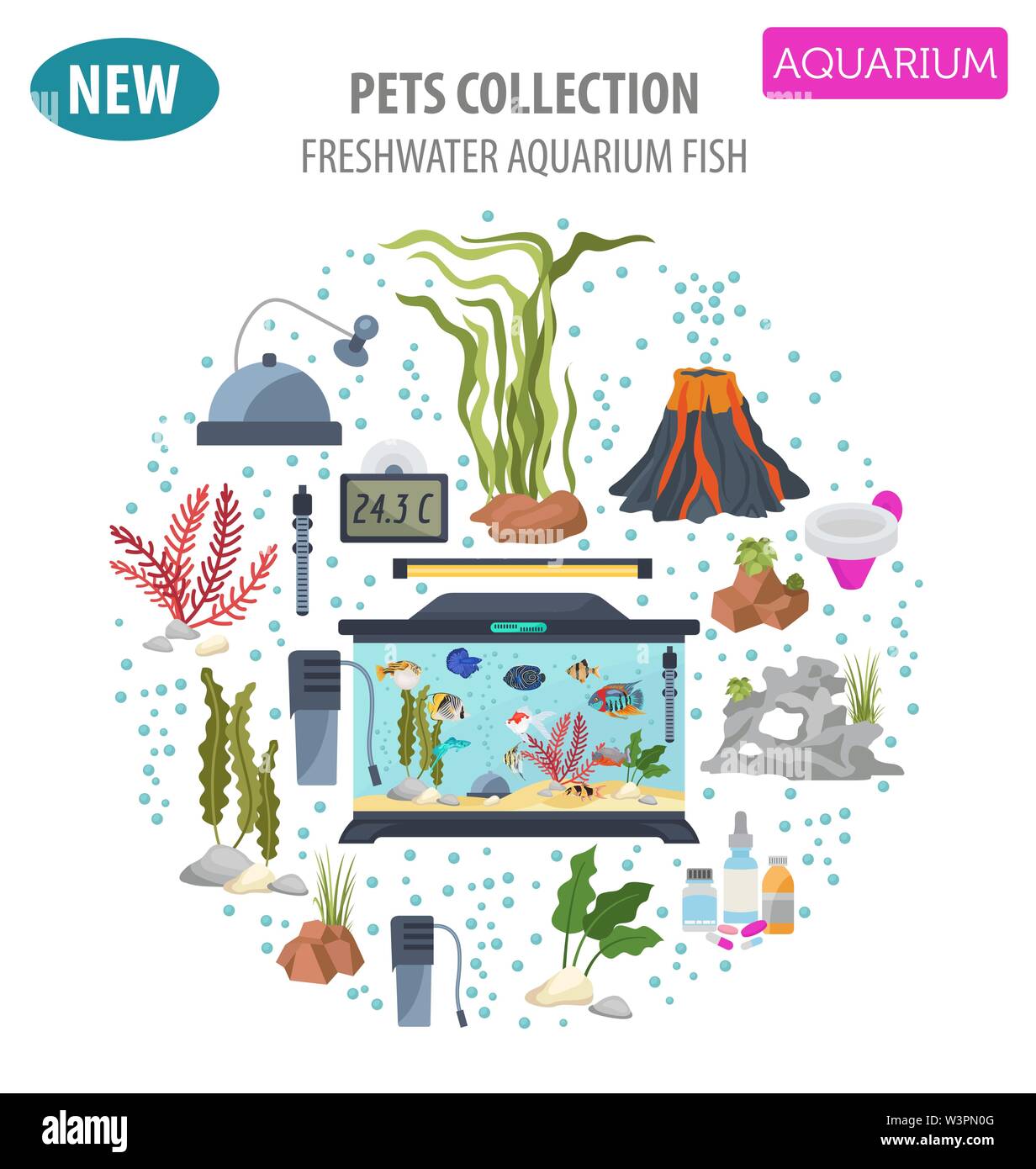 Aquarium appliance icon set flat style isolated on white. Freshwater ...