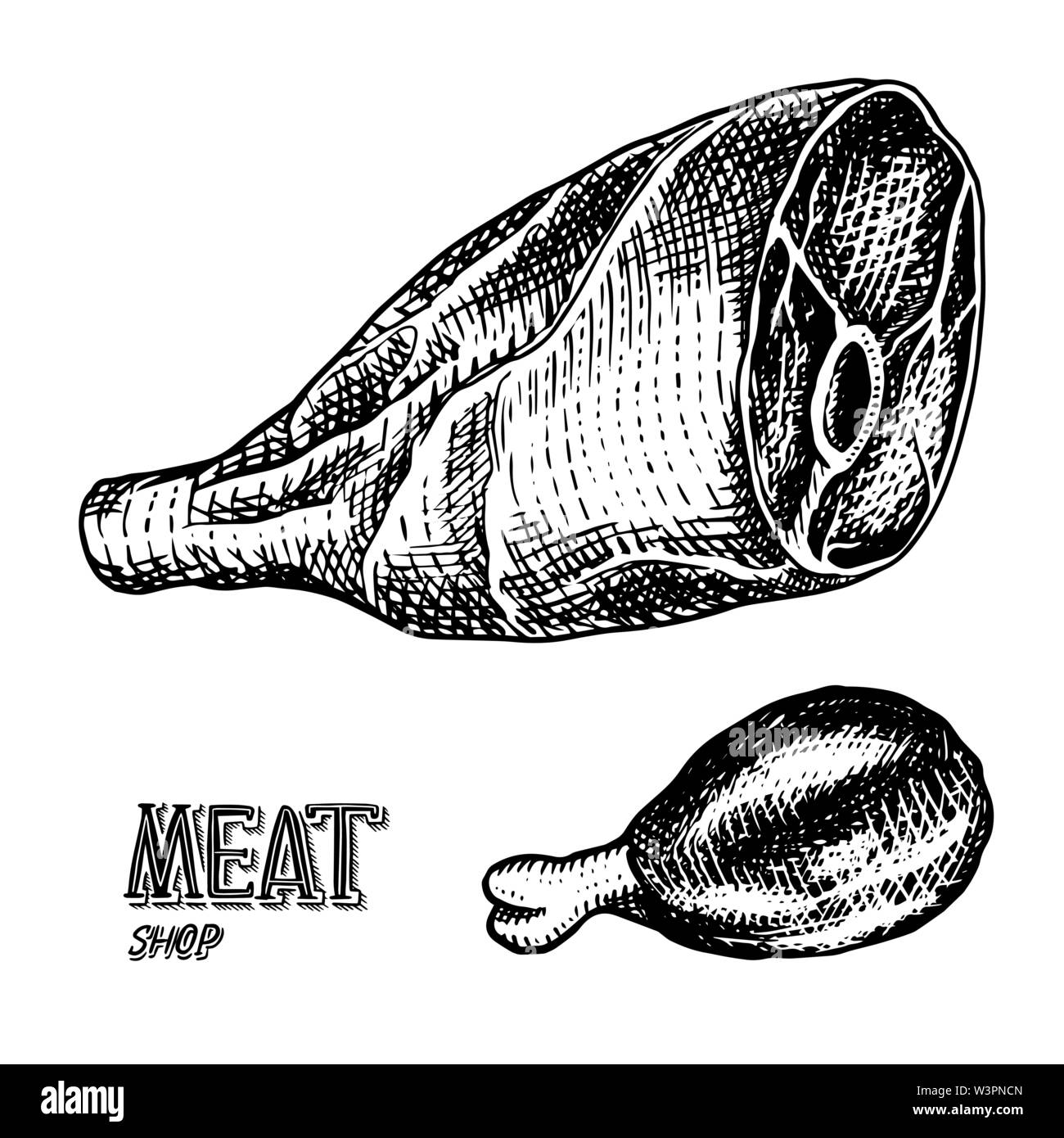 Grilled meat, Raw Pork or beef and chicken leg. Barbecue food in ...