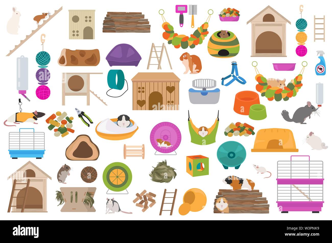 Pet rodents home accessories icon set flat style isolated on white ...