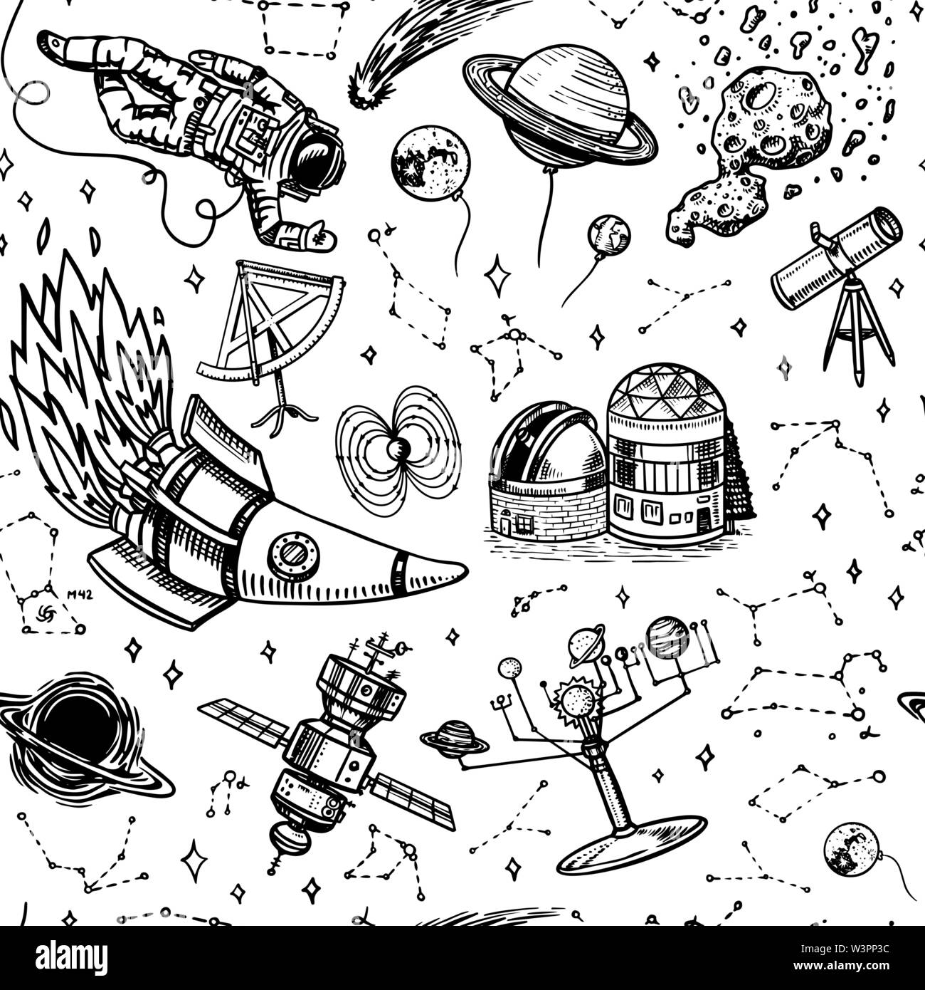 Astronomy Seamless pattern in vintage style. Space and cosmonaut, moon ...