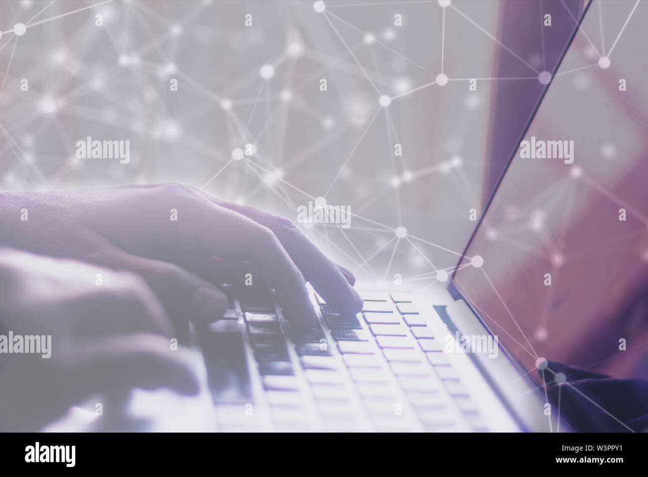 Businessman using laptop computer. Close up of male hands typing on ...