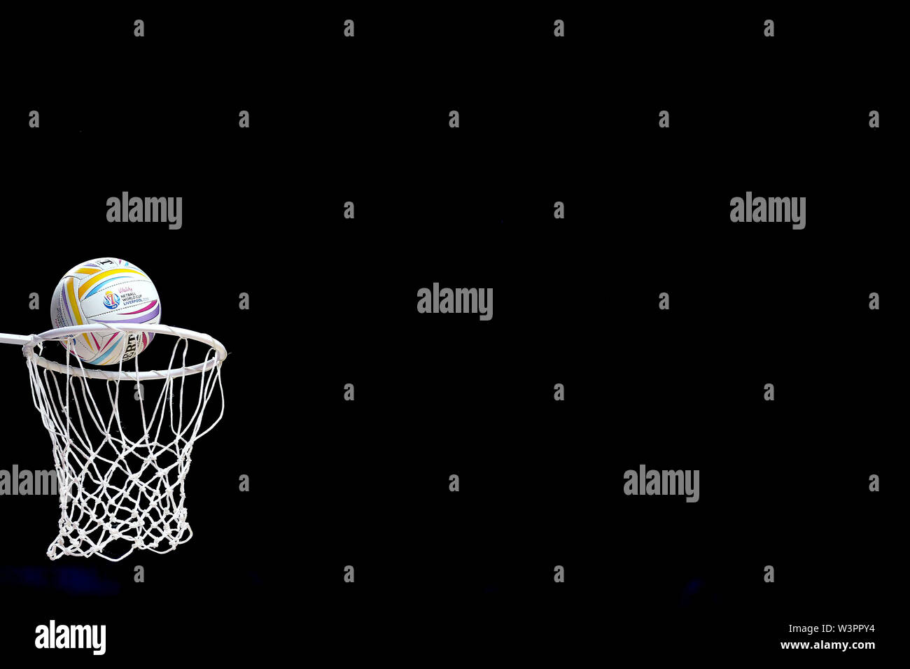 A general view of a netball going into a net during the match between ...