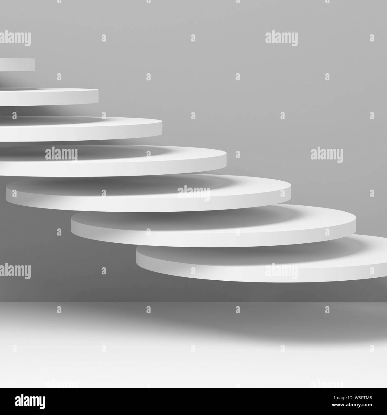 Empty stairs installation of flying white cylindrical objects over gray ...