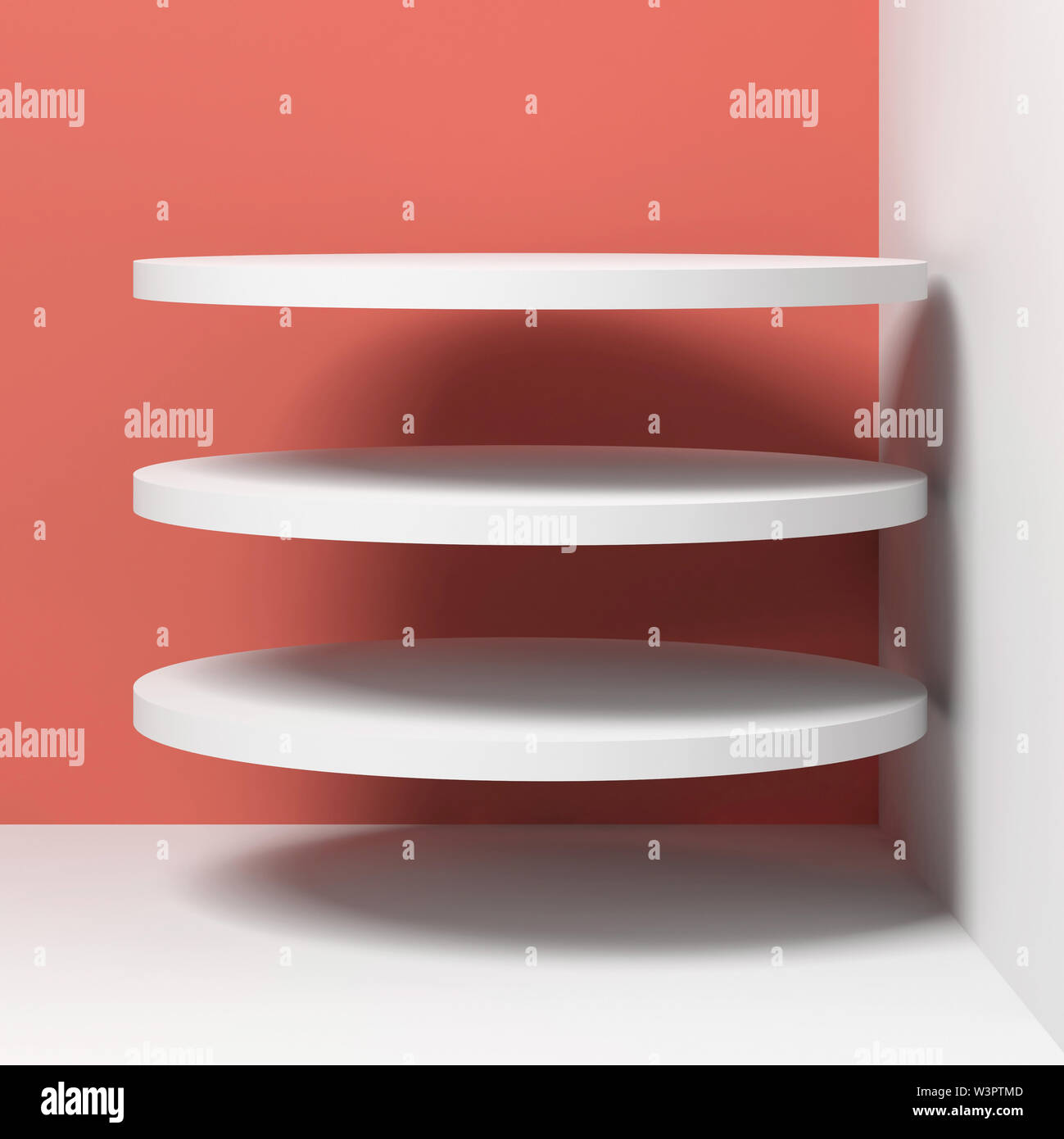 Three flying white cylindrical objects are in empty corner, square 3d ...