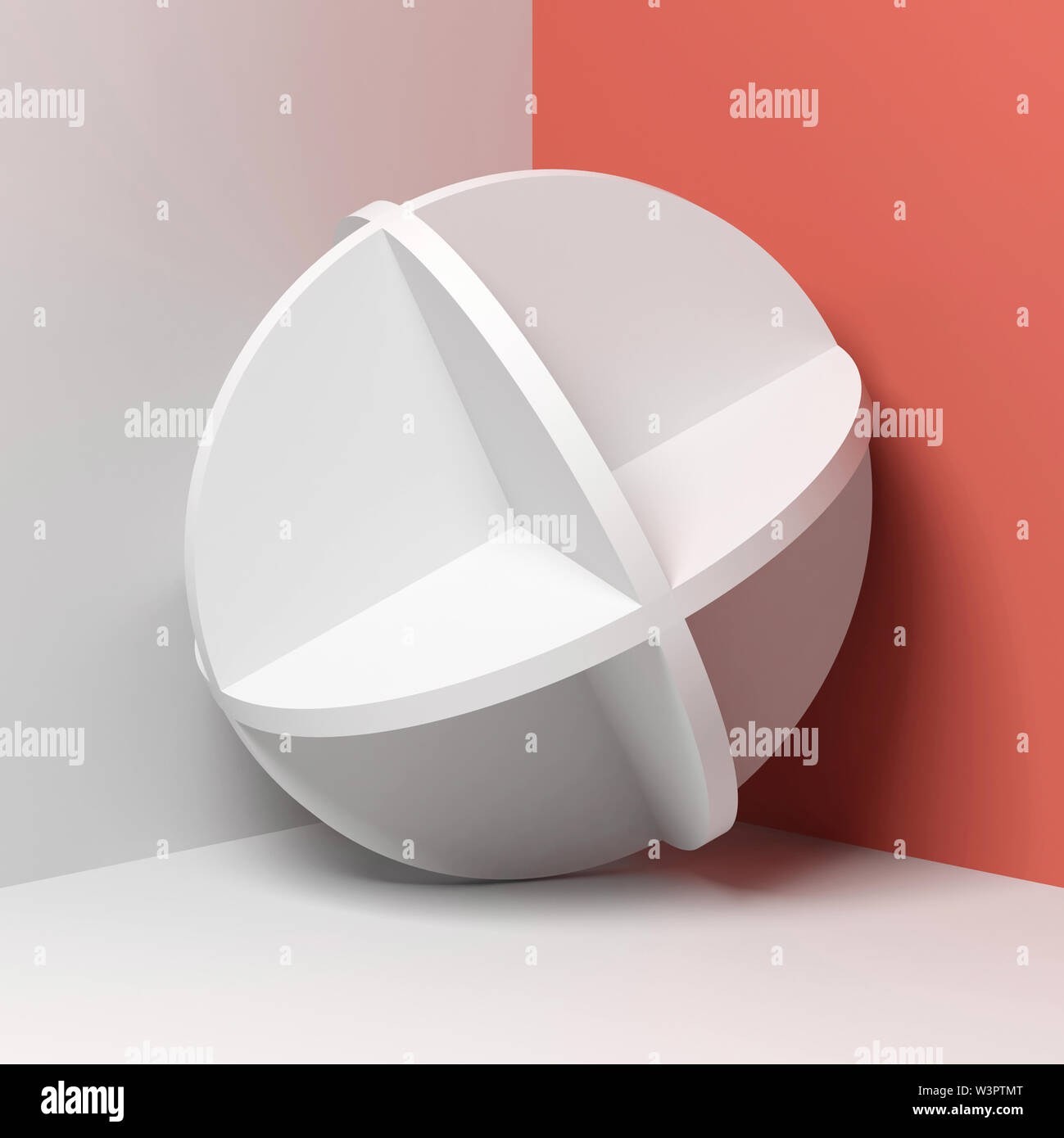 Abstract white round object stands in a corner of empty room, square 3d ...