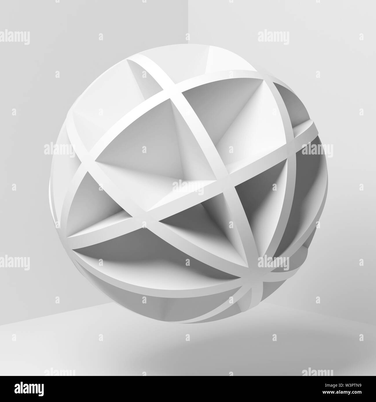 Abstract white spherical object flying in empty corner, square 3d ...