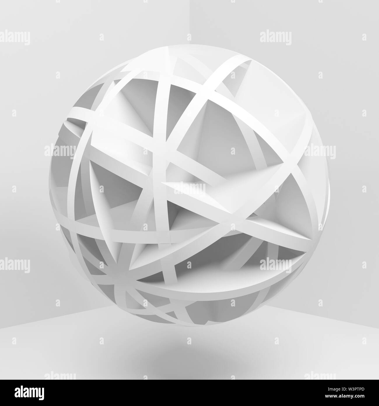 Abstract white spherical object flying in empty room, square 3d ...