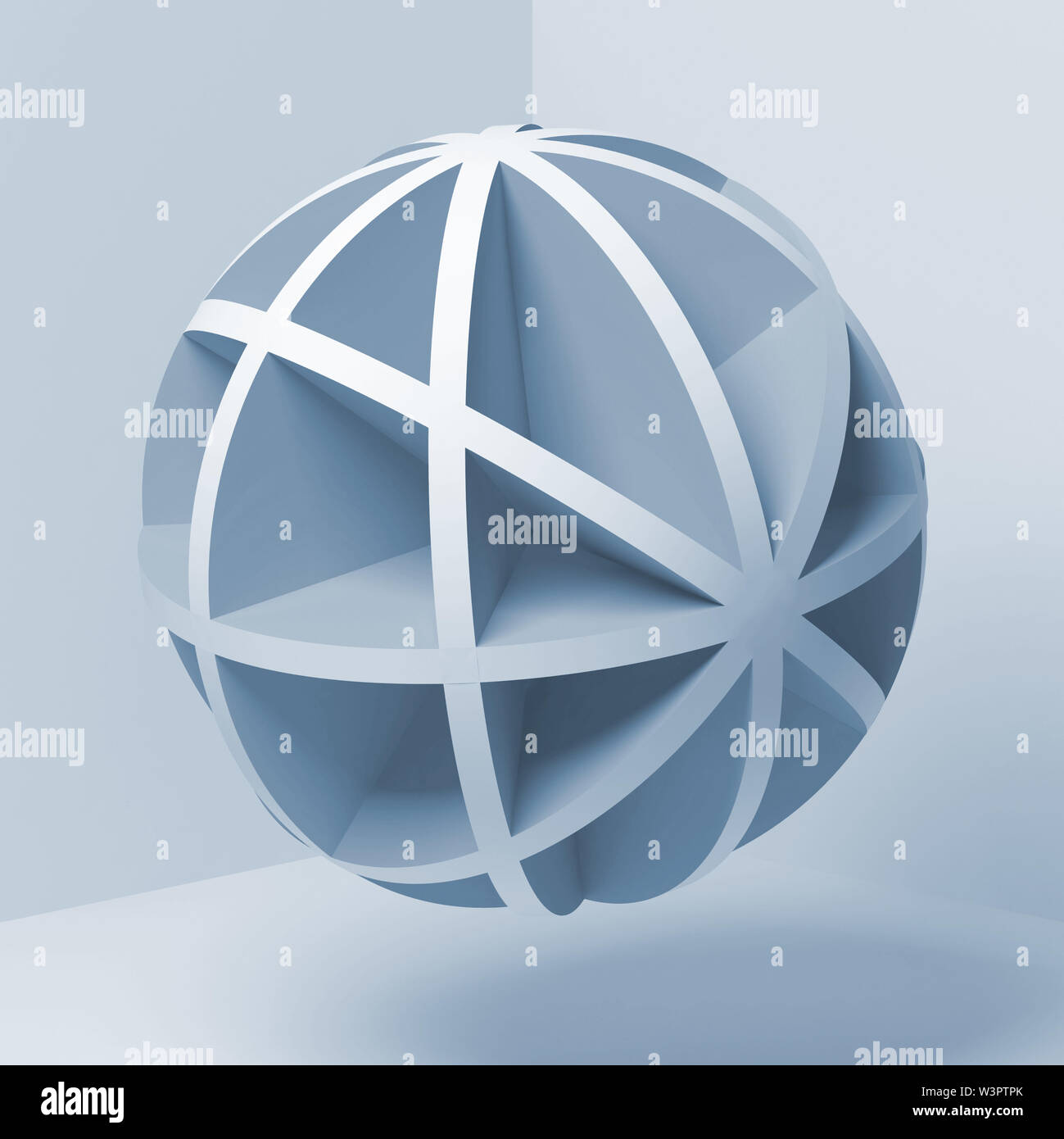 Abstract white compound spherical object flying in empty room, square ...