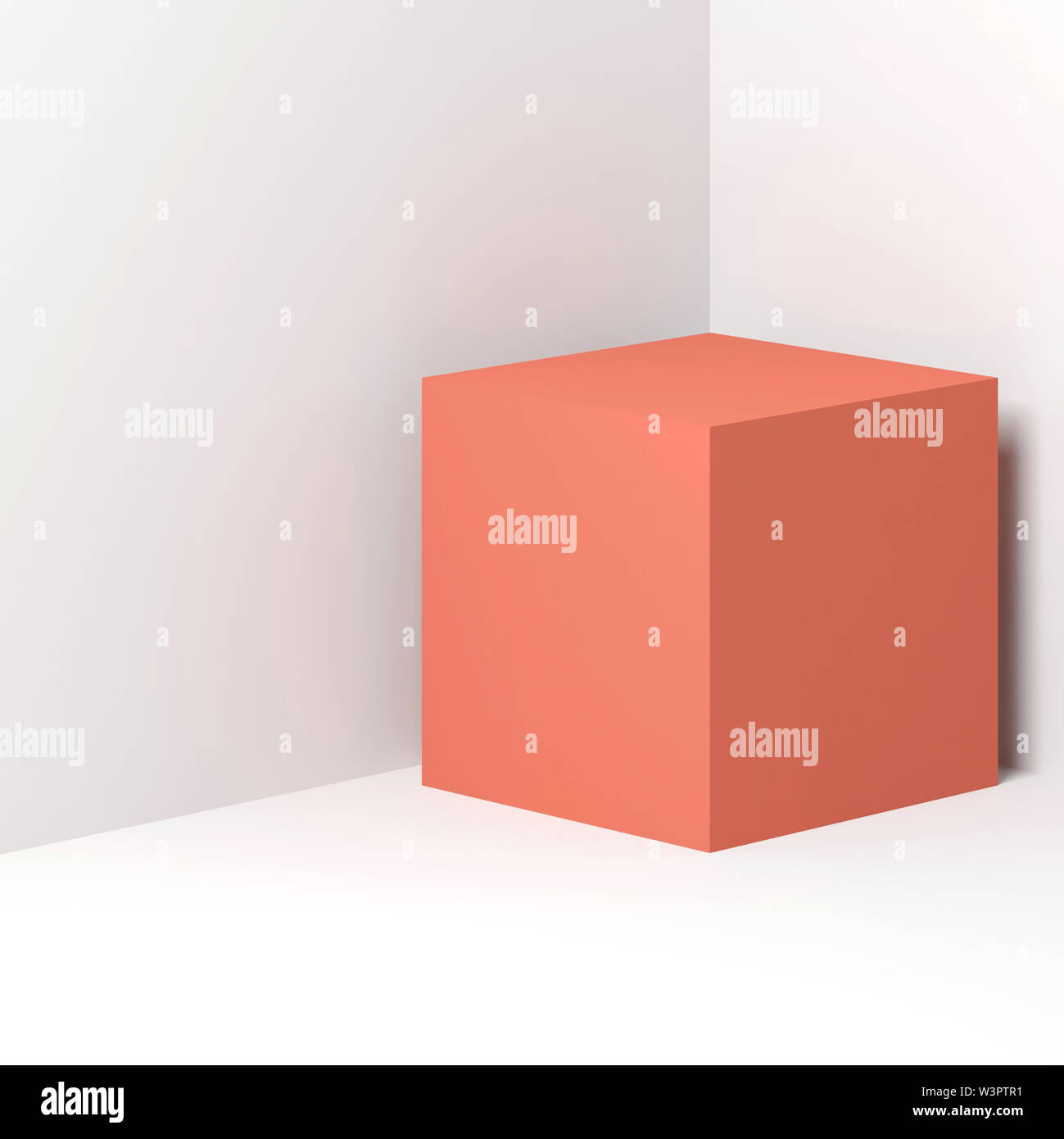 Pink cube stands in empty white corner. Square 3d rendering ...