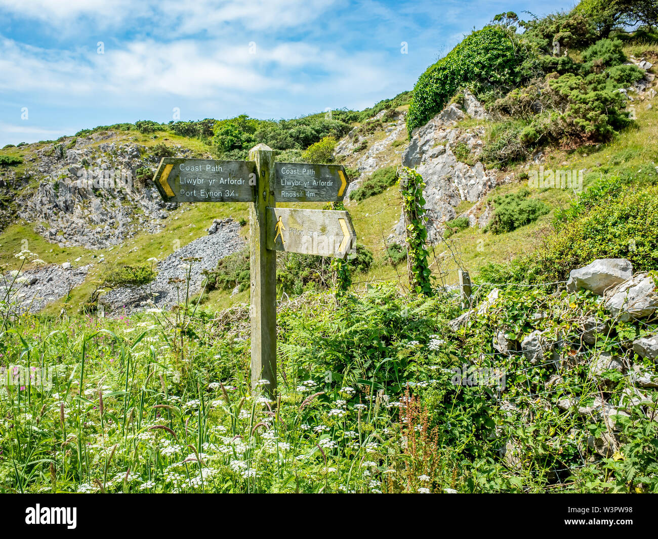 Welsh Coastal Path, Gower, South Wales. Wooden way marker and direction ...