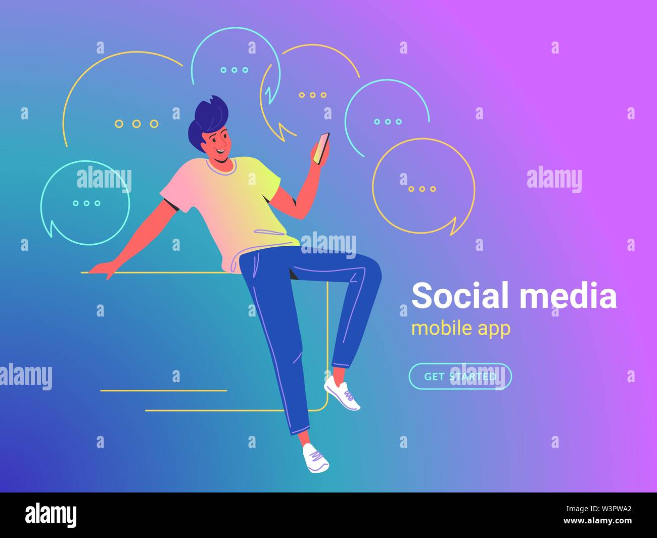 Man using mobile app concept vector illustration of young guy sitting ...