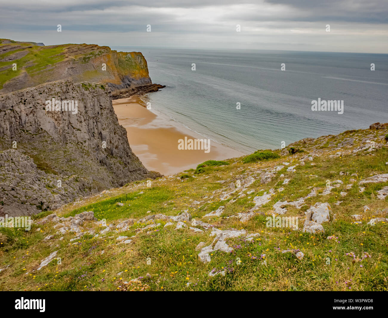 A view of Mewslade Bay on the South Welsh coast from the cliffs of the ...