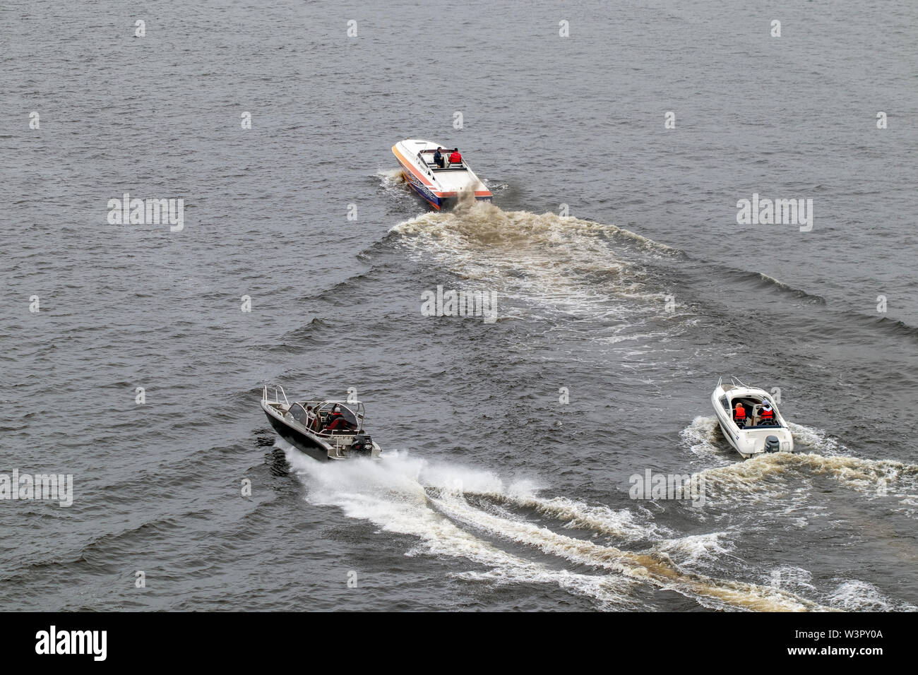 Small speed boats speeding along lake Saimaa, Lappeenranta Finland ...