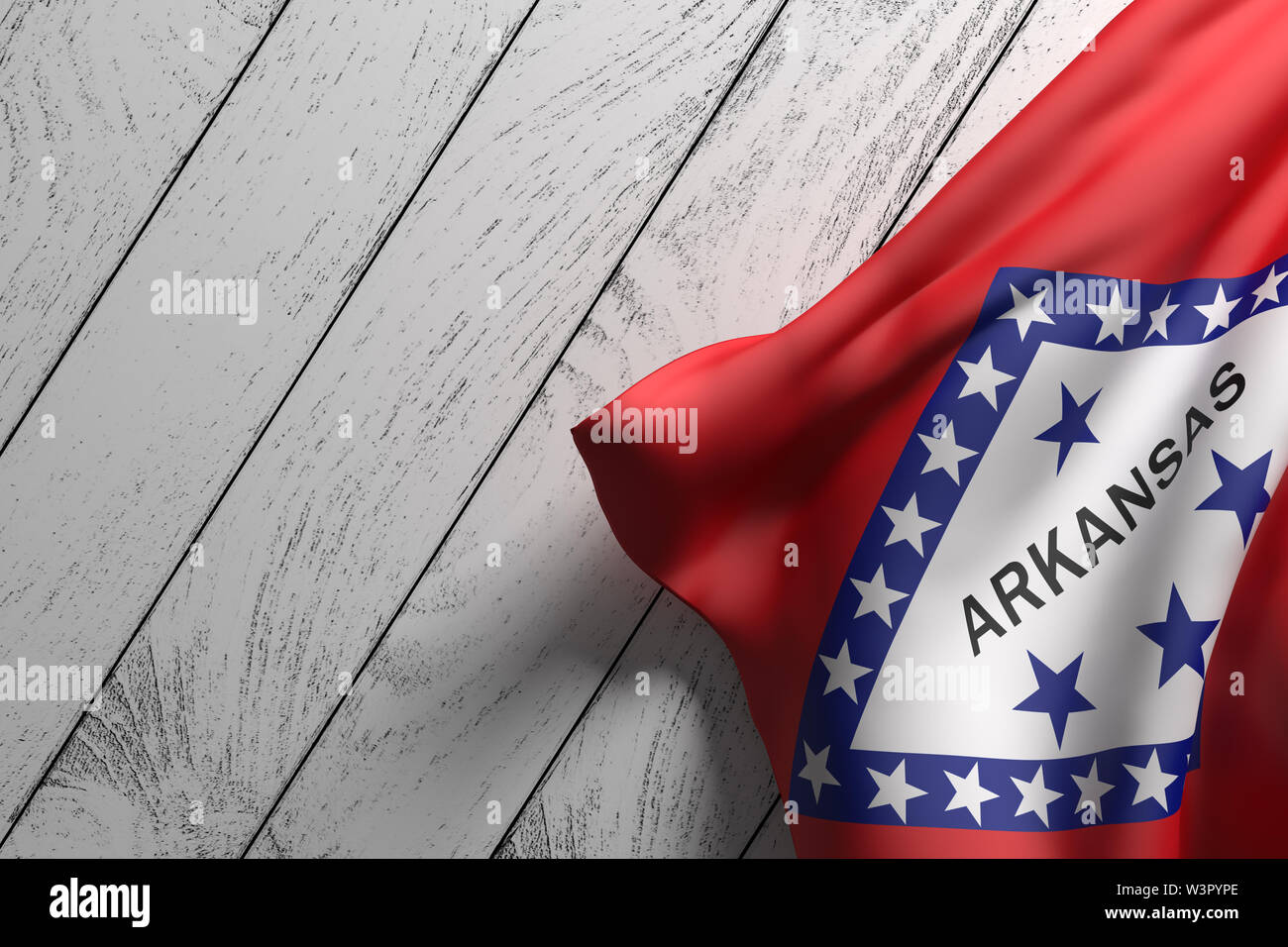 3d rendering of an American Arkansas State flag on a wooden surface ...