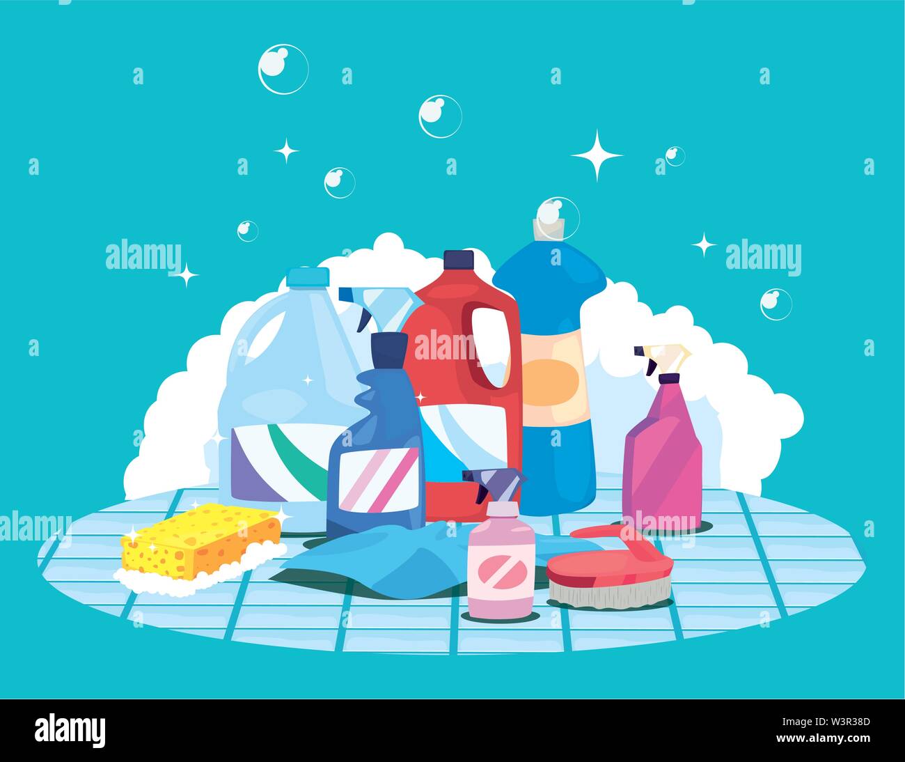 cleaning products and supplies bottles spray sponge brush bubbles ...