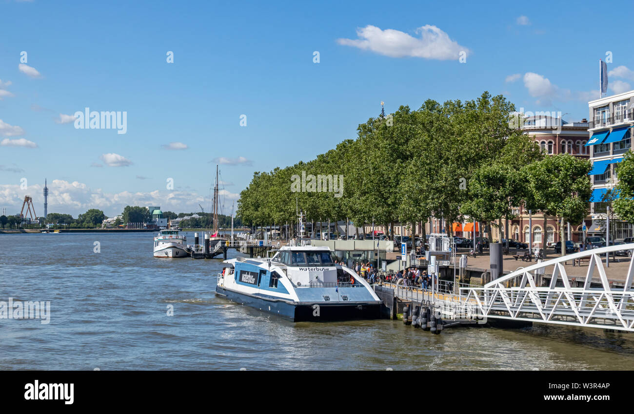 Rotterdam, Netherlands. July 2nd, 2019. Water bus station in river Maas ...