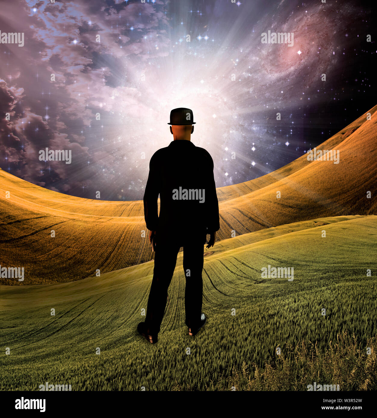 Explosion of imagination. Man in black suit stands before bright light ...