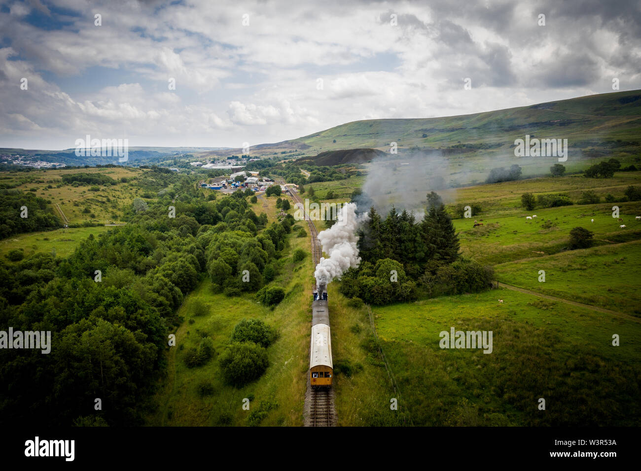 Aerial view of Landscape with steam train of the heritage railway in ...