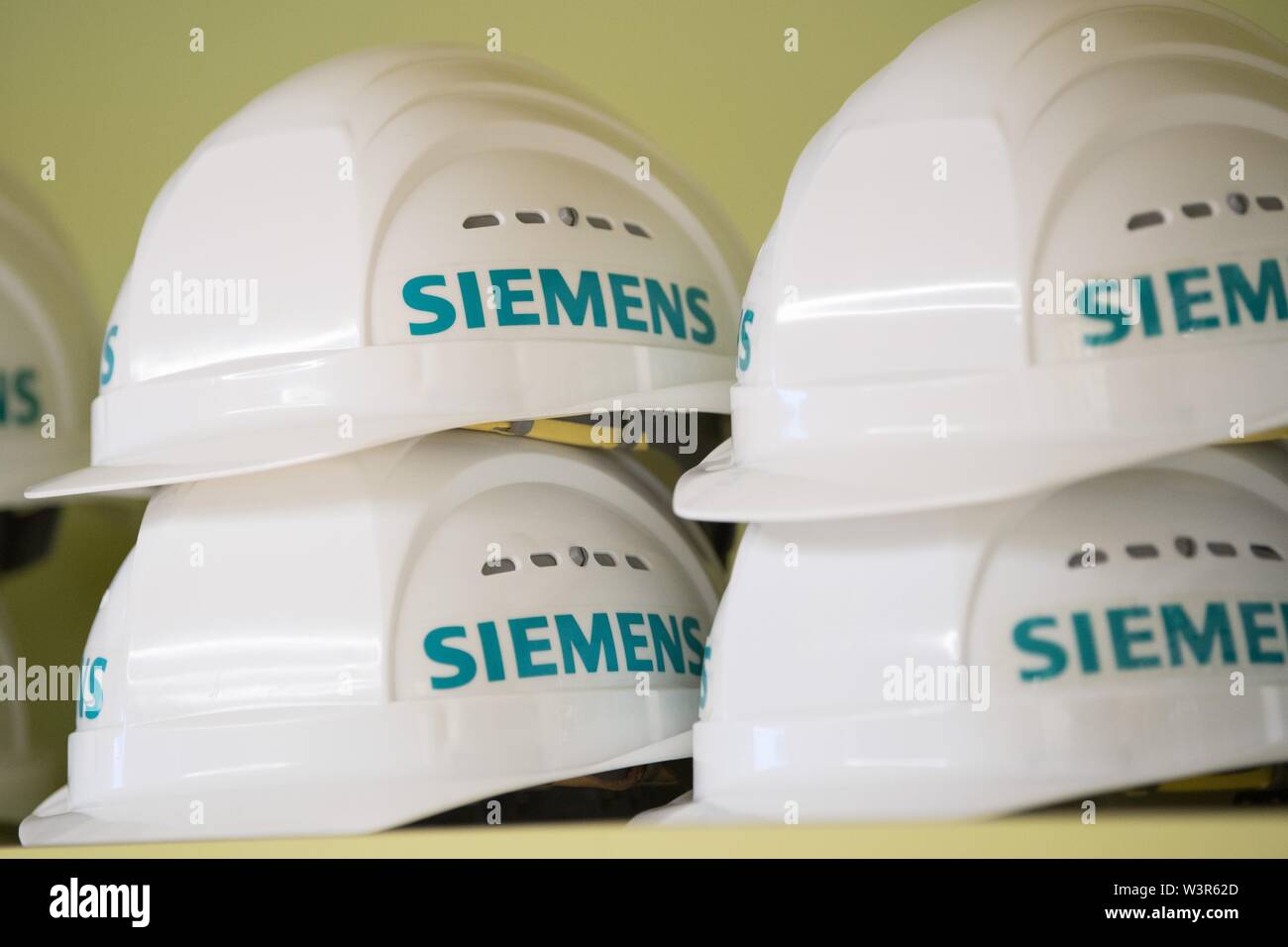15 July 2019, Saxony, Görlitz: White protective helmets with the ...
