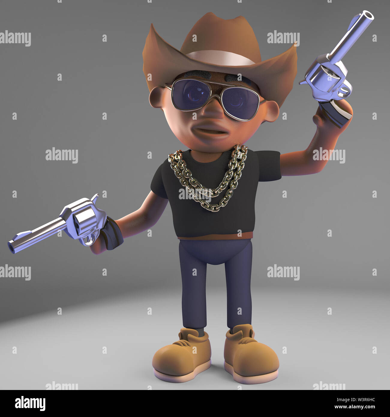 Cowboy black rapper wearing stetson and firing pistols in the air, 3d ...