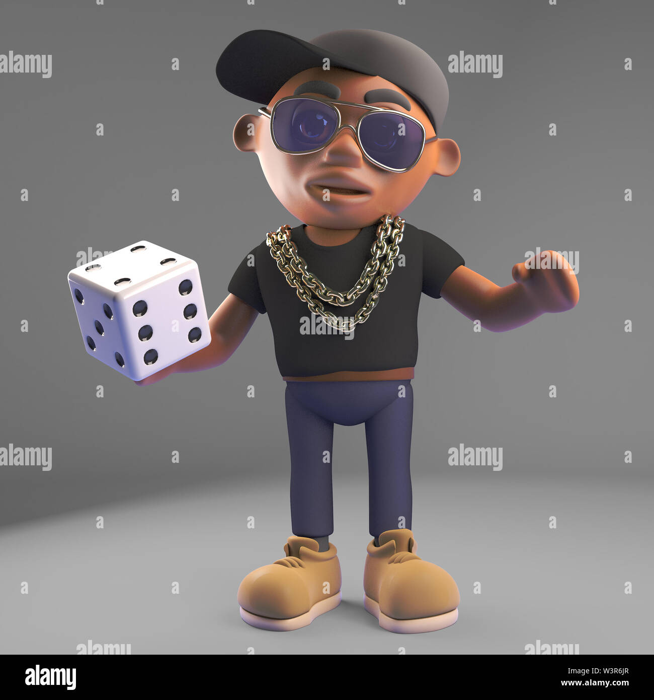 Cool black hiphop rapper gambles with a dice, 3d illustration render ...