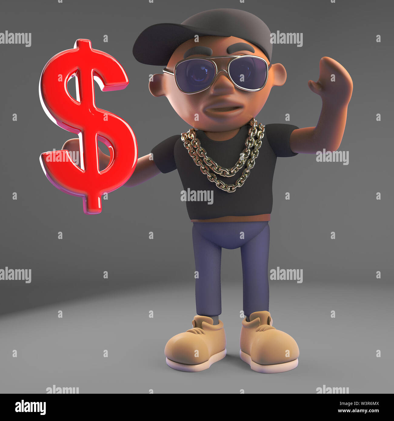 Black hiphop rapper wearing a baseball cap holds US dollar symbol, 3d ...