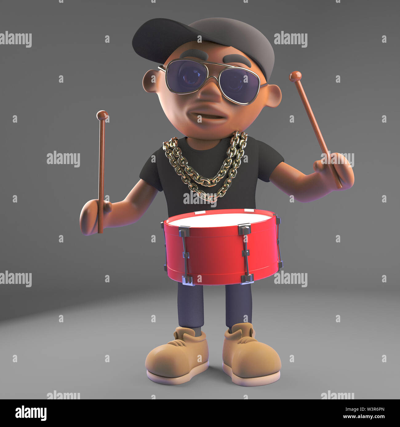 Black hiphop rapper in baseball cap playing the drums, 3d illustration ...