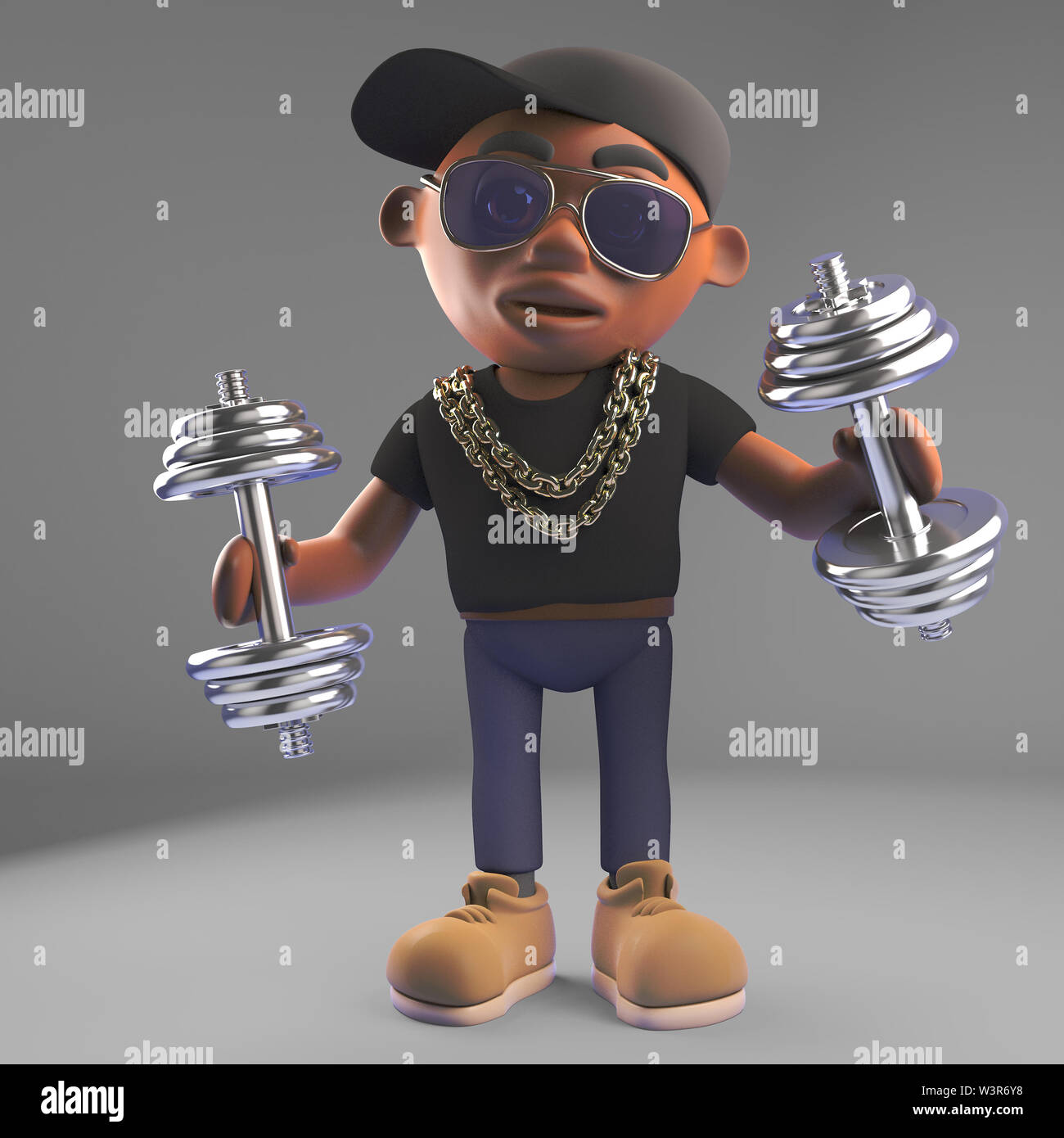 Fit black hiphop rapper exercises with some weights, 3d illustration ...