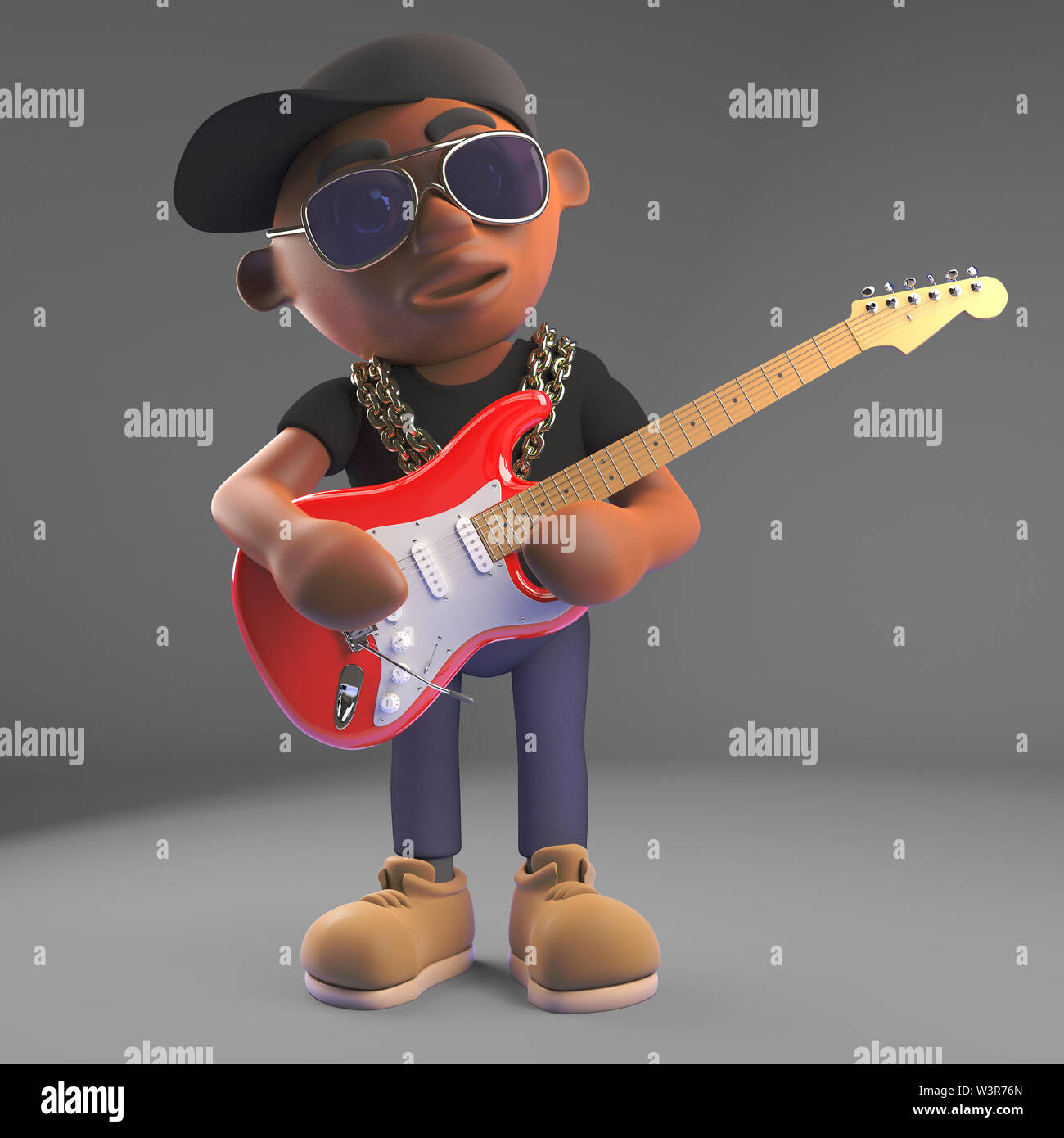 Musical black hiphop rapper in baseball cap plays electric guitar, 3d ...