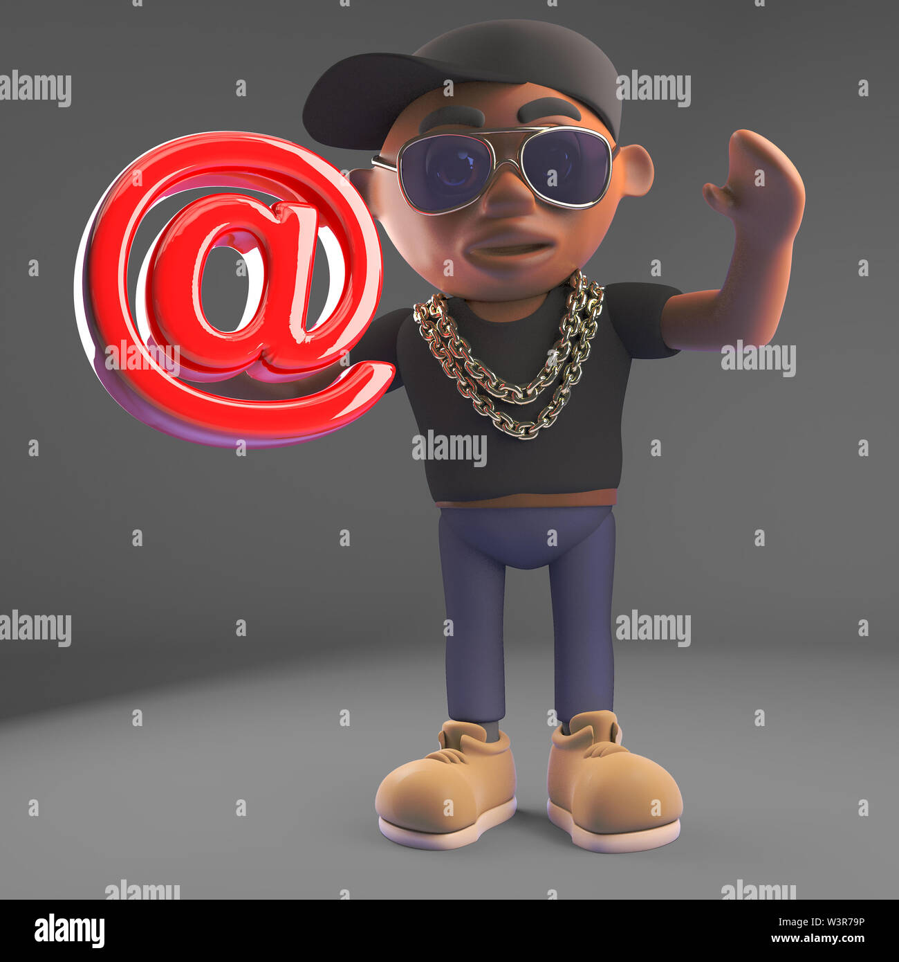 Black hiphop rapper in baseball cap holding email symbol, 3d ...
