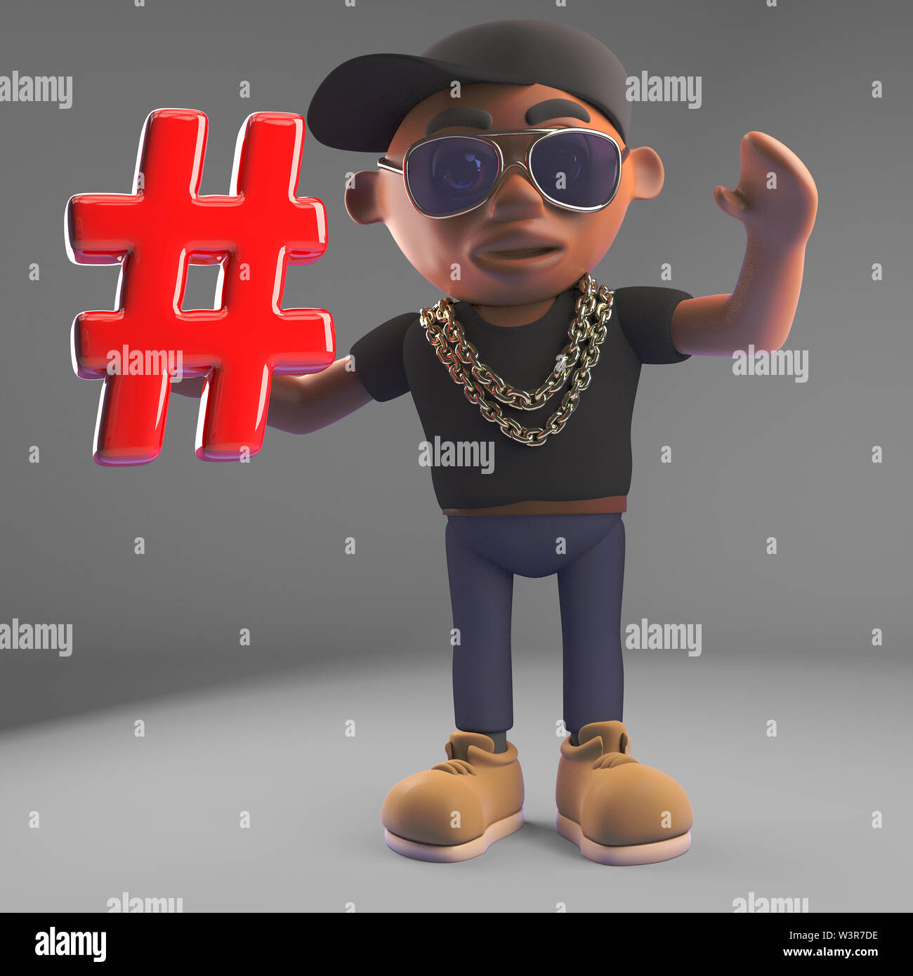Black hiphop rapper in baseball cap holding hashtag symbol, 3d ...