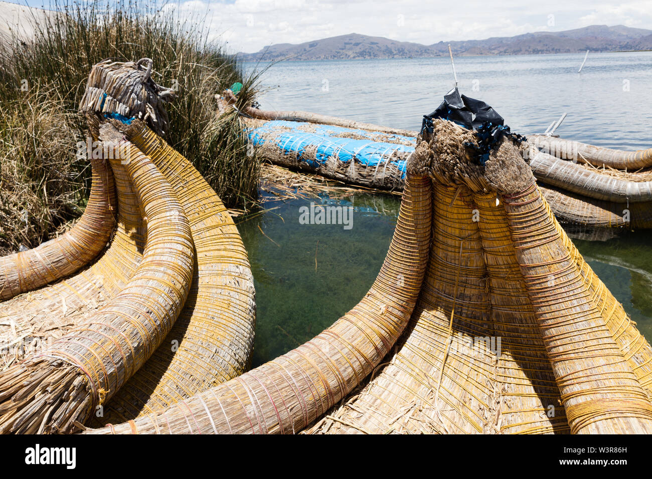 Traditional reed boat (totora) in the Uros Islands, Titicaca Lake or ...