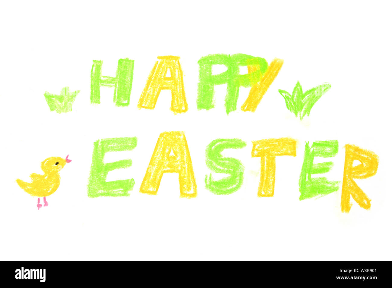 Colorful green and yellow greetings 'Happy Easter'. caption, grass and ...