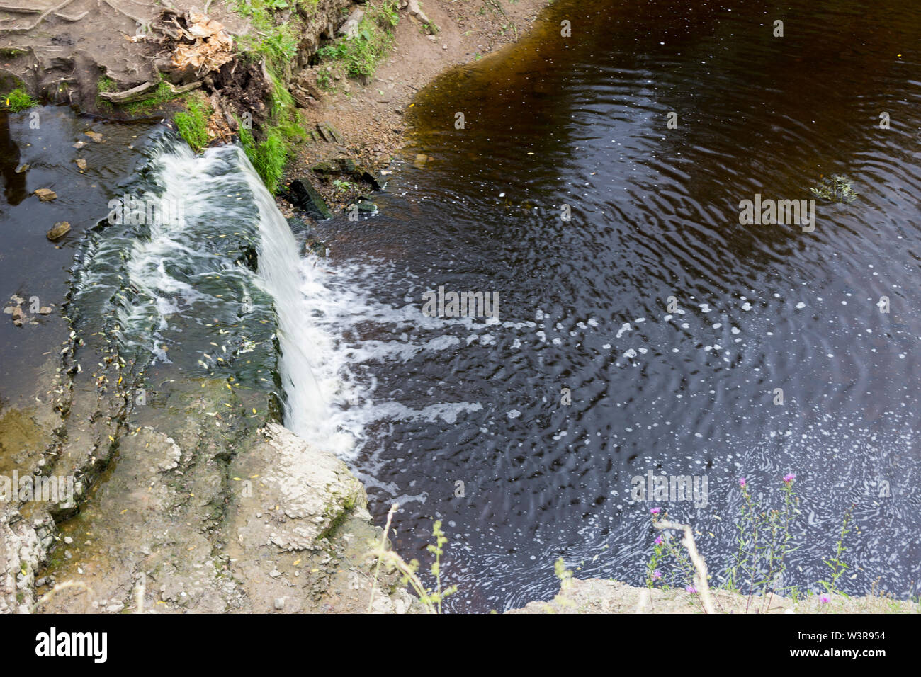 forest waterfall and river Sablinka bird's-eye view. Sablino, Leningrad ...