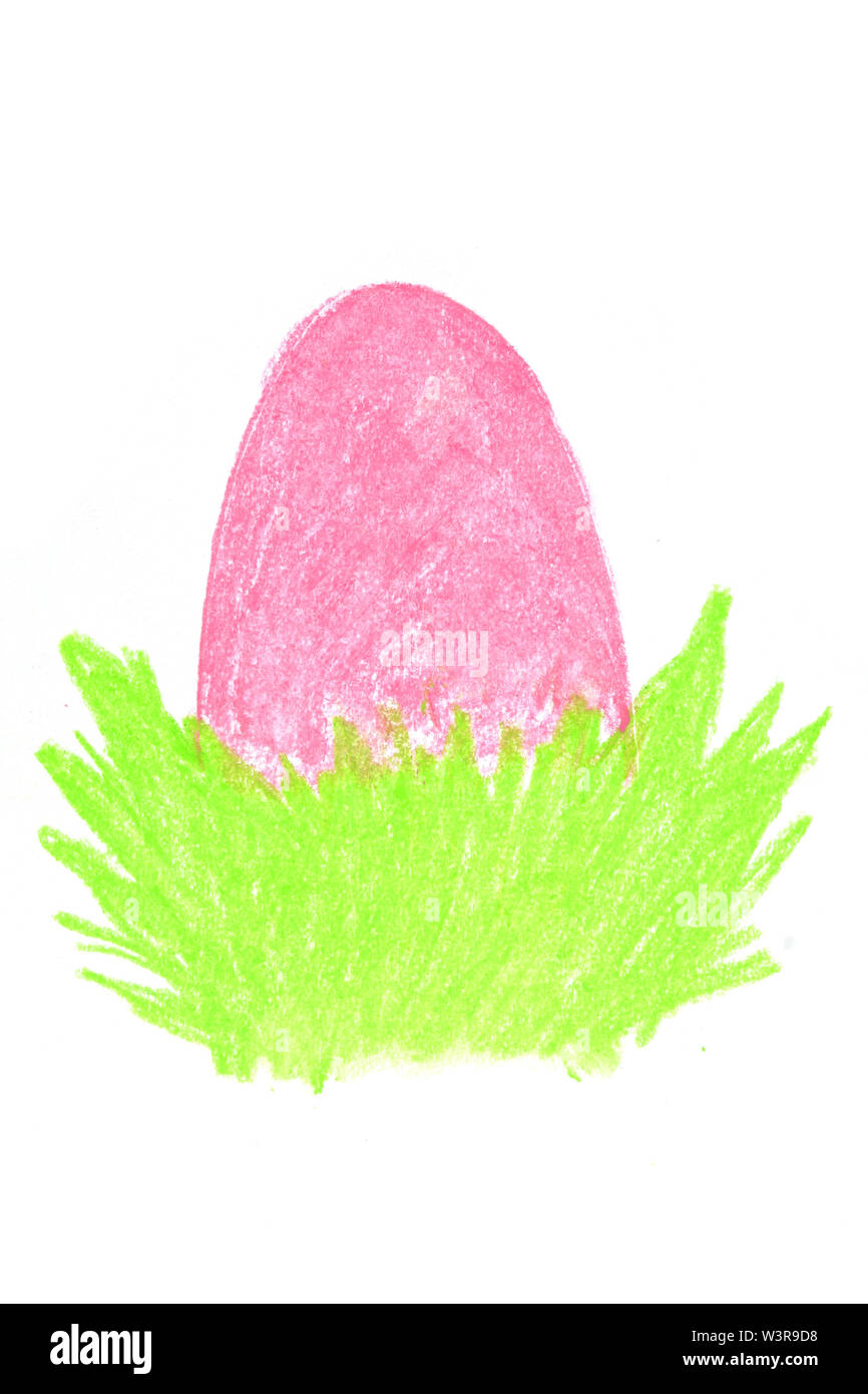 Pink painted egg in green grass nest - child's drawing Stock Photo - Alamy